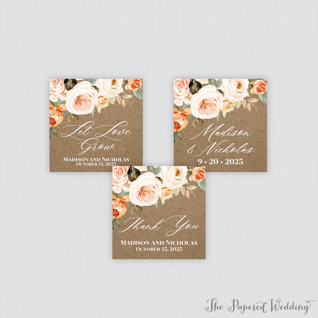 Printable OR Printed Rustic Flower Wedding Stickers - Kraft, Orange ...