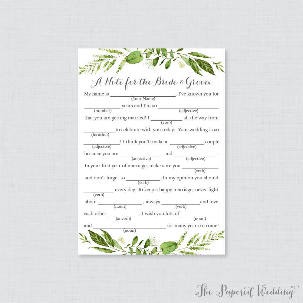 Printable Wedding Mad Libs Greenery Wedding Mad Libs Cards | Etsy