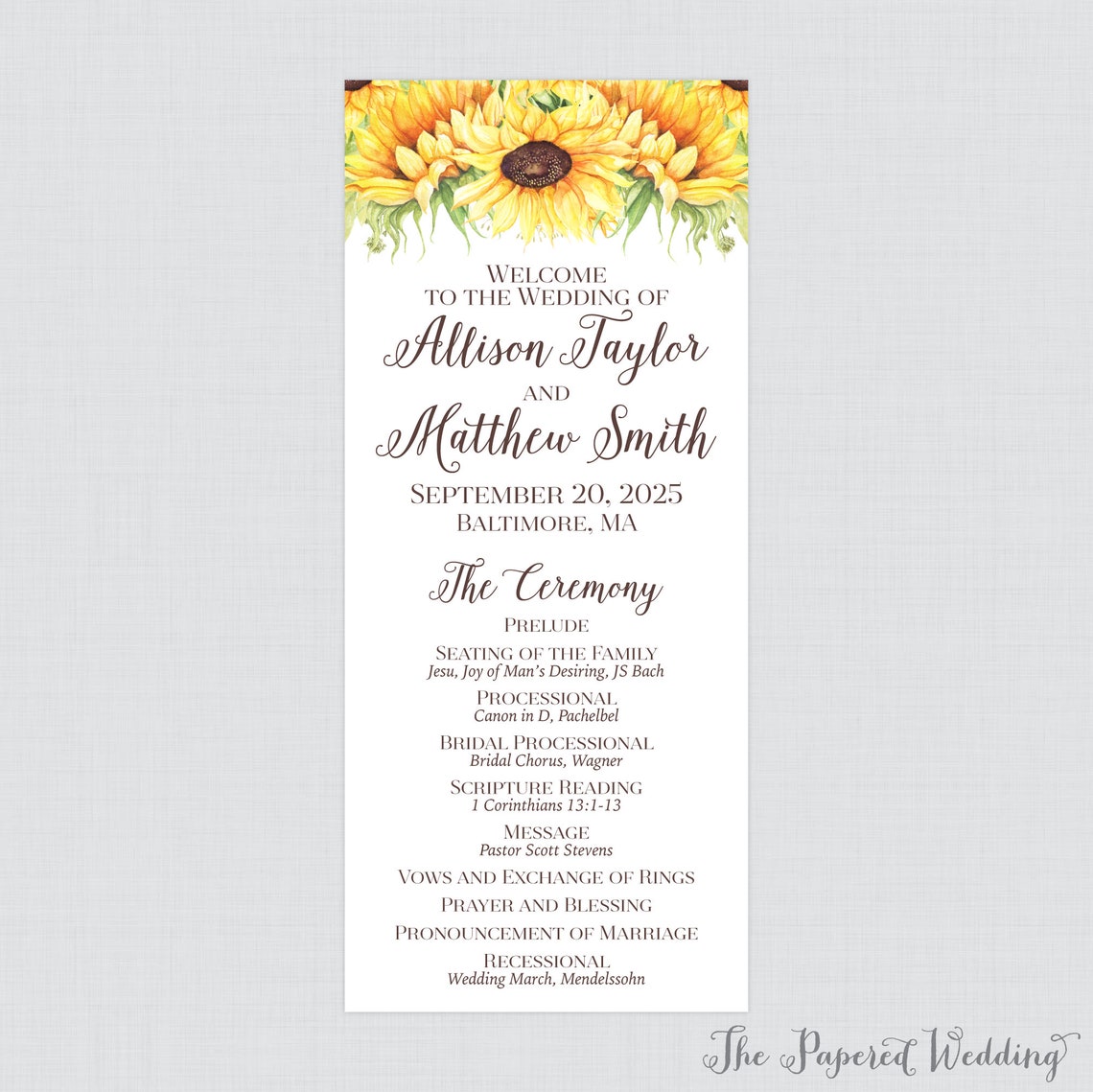 Printable OR Printed Sunflower Wedding Programs - Yellow Sunflower ...