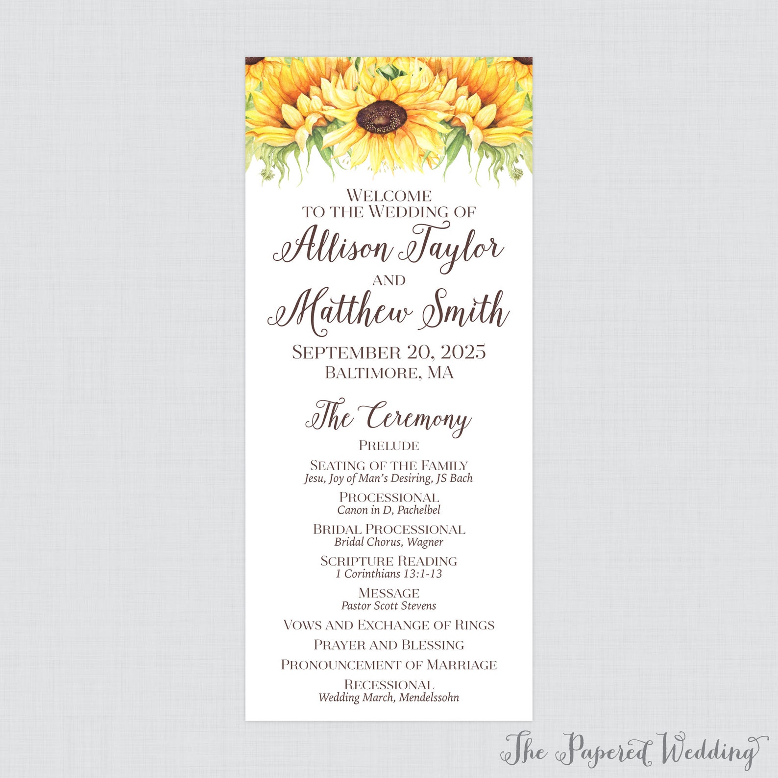 Printable OR Printed Sunflower Wedding Programs - Yellow Sunflower ...