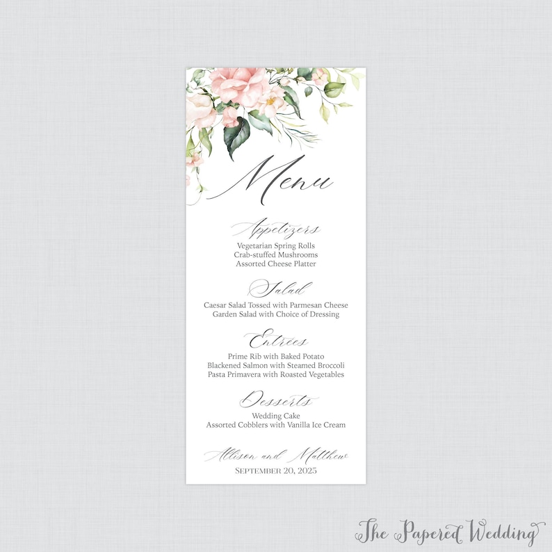 Printable OR Printed Pink Rose Wedding Menu Cards - Pink Floral Wedding ...