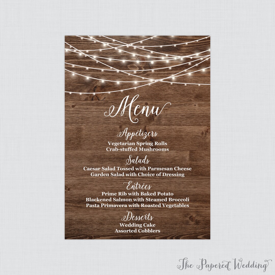 Printable OR Printed Rustic Menu Cards - Wood and String Lights Wedding ...
