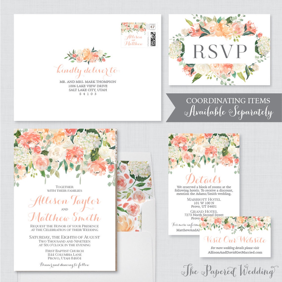 EDITABLE Wedding Envelopes Printable Editable Peach Floral | Etsy