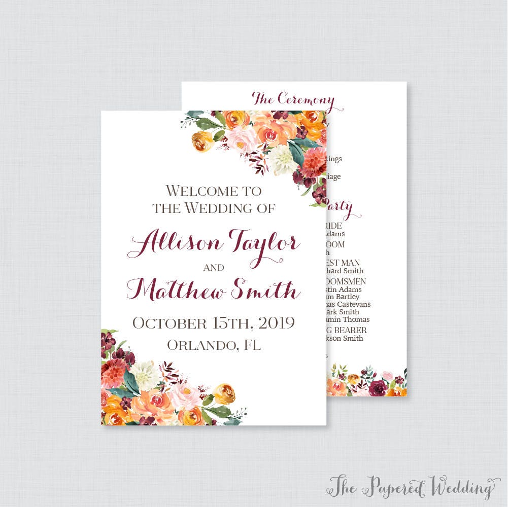 Printable OR Printed Wedding Programs Fall Flower Wedding | Etsy