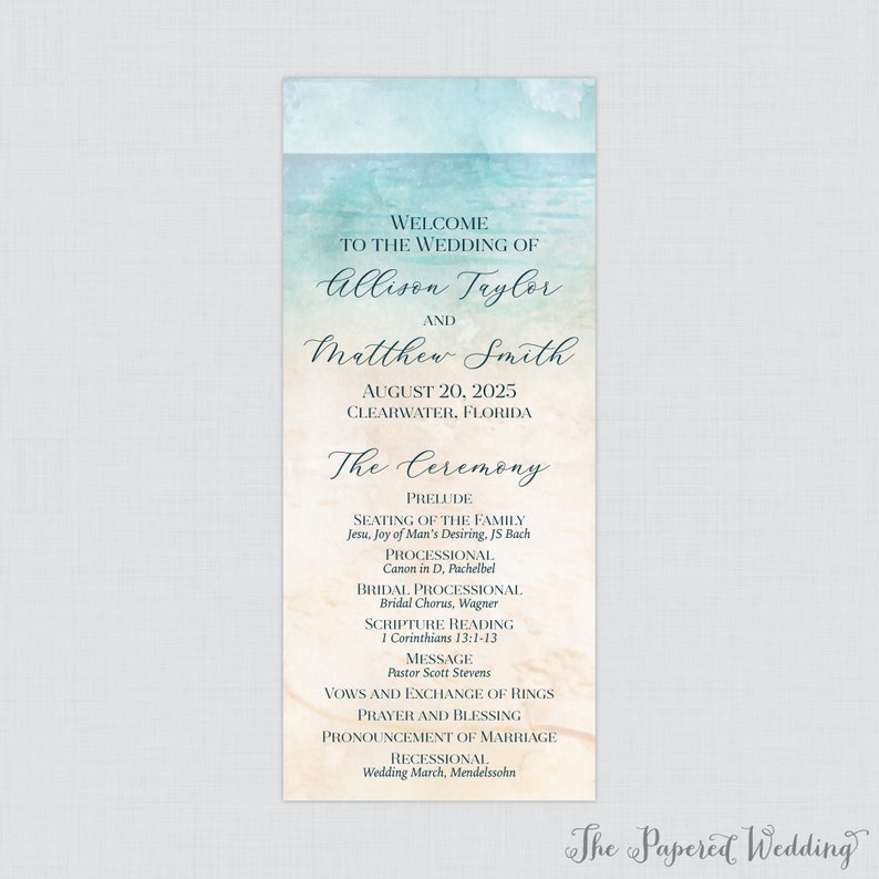 Printable OR Printed Beach Wedding Programs - Watercolor Beach Themed ...