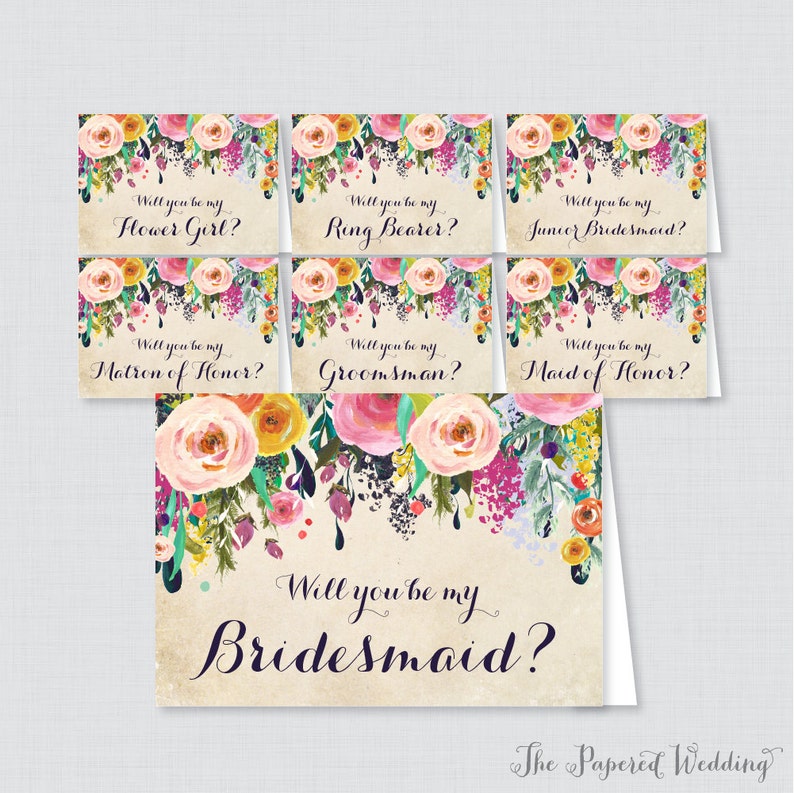 Printable Wedding Party Cards Package Floral Will You Be My - Etsy