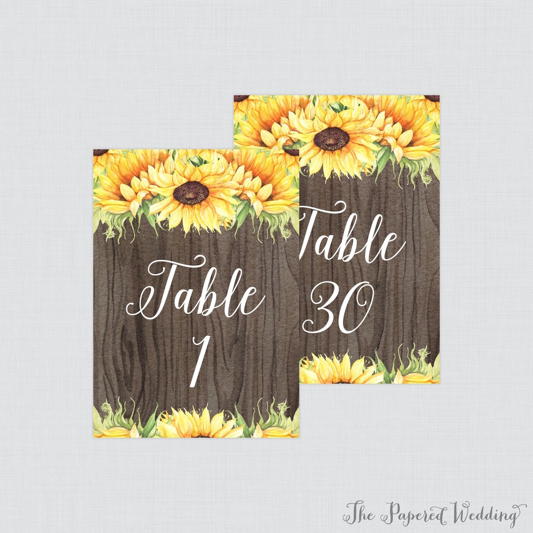 Printable Sunflower and Wood Wedding Table Numbers - Rustic Sunflower ...