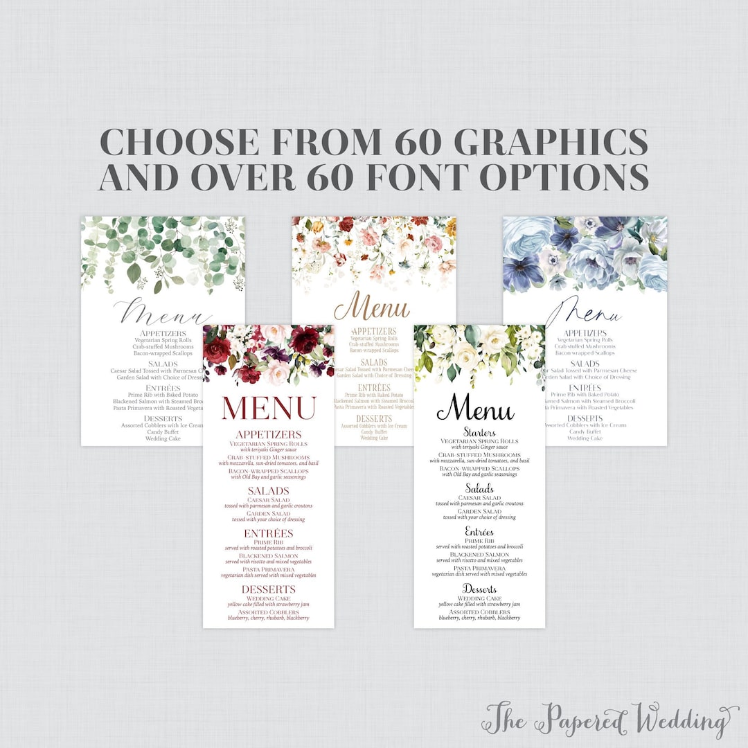 Printable OR Printed Floral Menu Cards - Choose Flower Graphic, Font ...