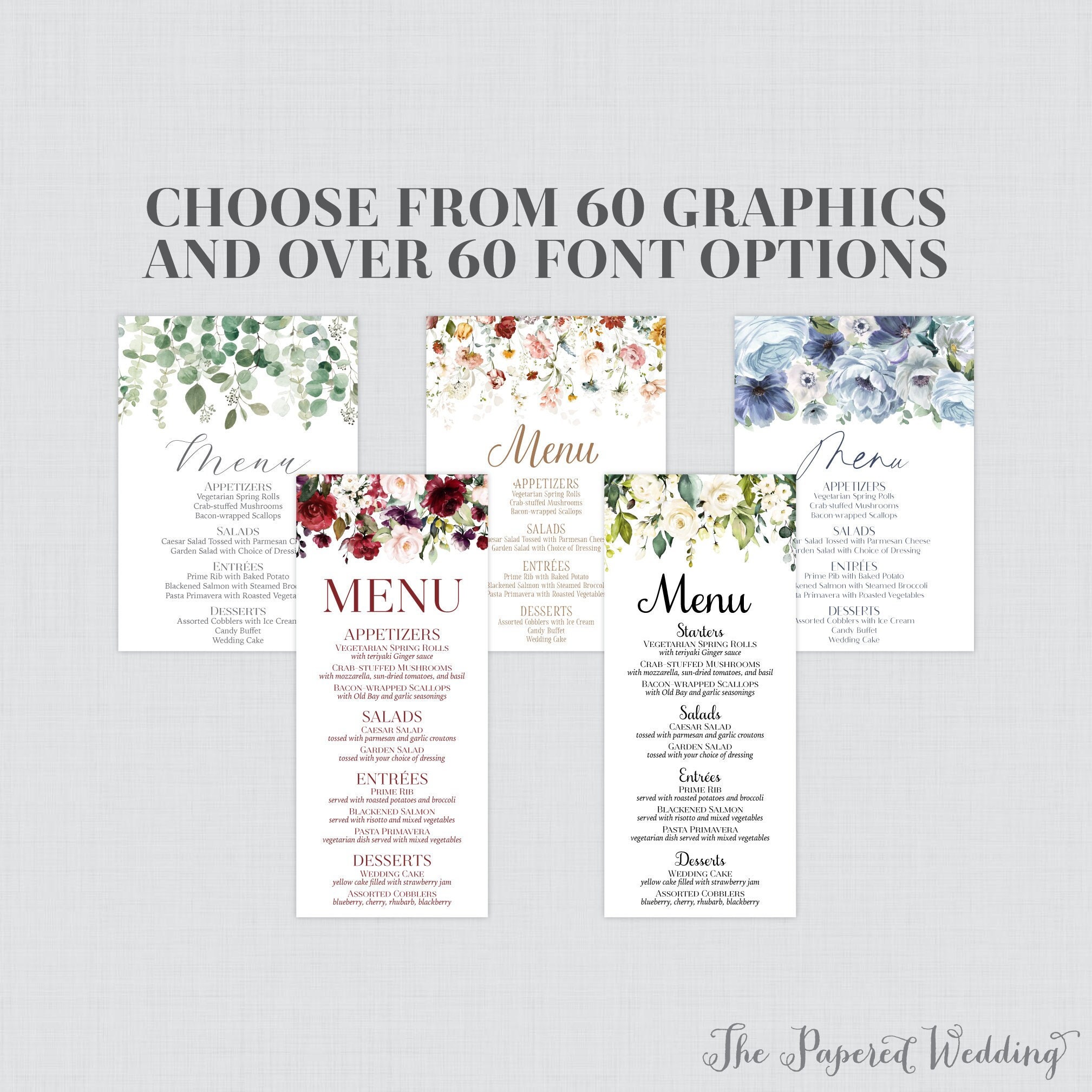 Printable OR Printed Floral Menu Cards - Choose Flower Graphic, Font ...
