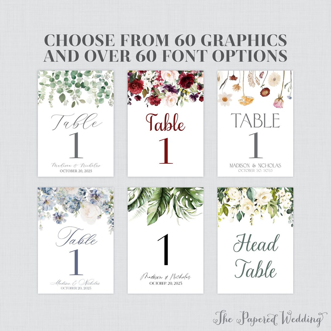 Printable OR Printed Wedding Table Number Signs - Choose From 60 Flower ...