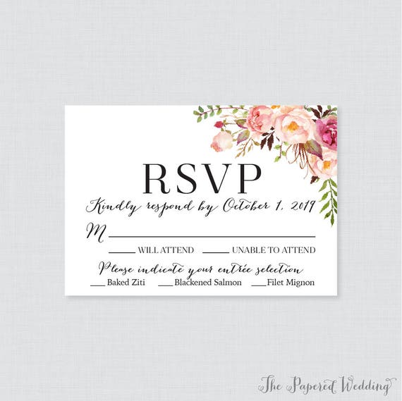 Printable OR Printed Wedding RSVP Cards Pink Floral RSVP Etsy