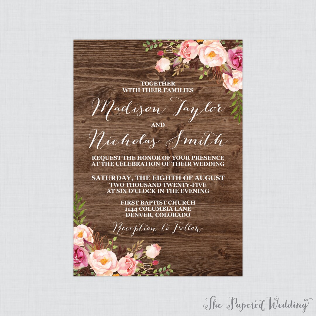 Printable OR Printed Rustic Wedding Invitations - Pink Flower and Wood ...