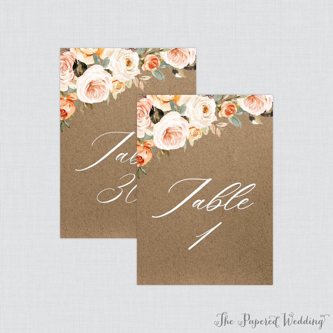 Printable Rustic Floral Wedding Table Numbers - Orange, Pink, Ivory ...