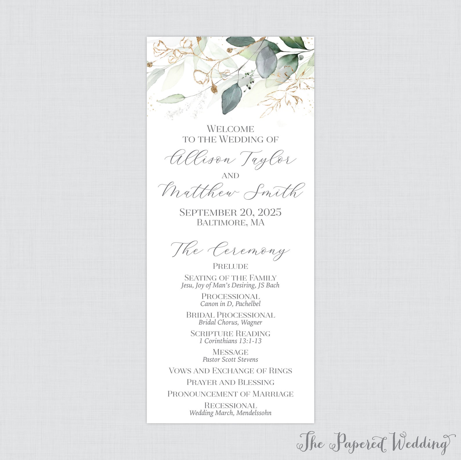 Printable OR Printed Green and Gold Wedding Programs - Greenery ...