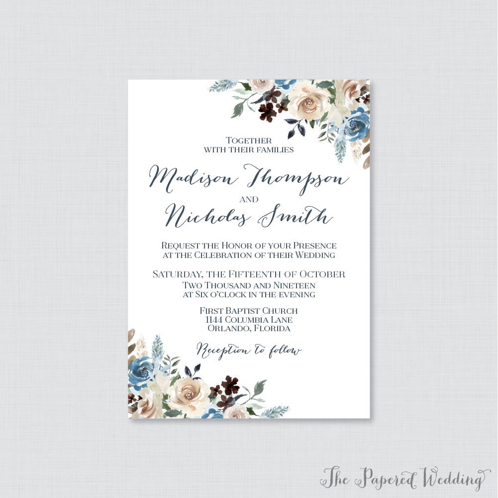 Printable OR Printed Wedding Invitation Suite Blue and Brown | Etsy