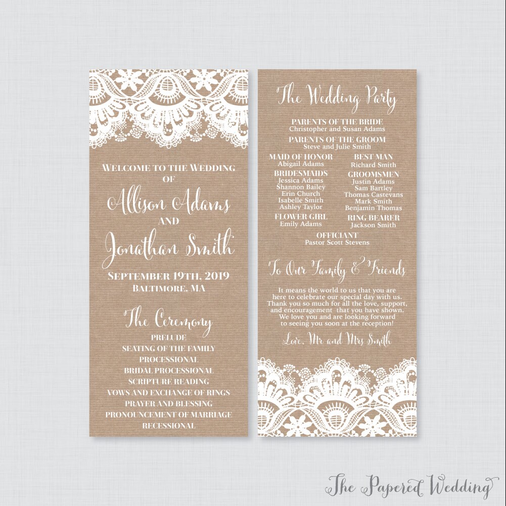 Printable OR Printed Wedding Programs Rustic Burlap and Lace - Etsy