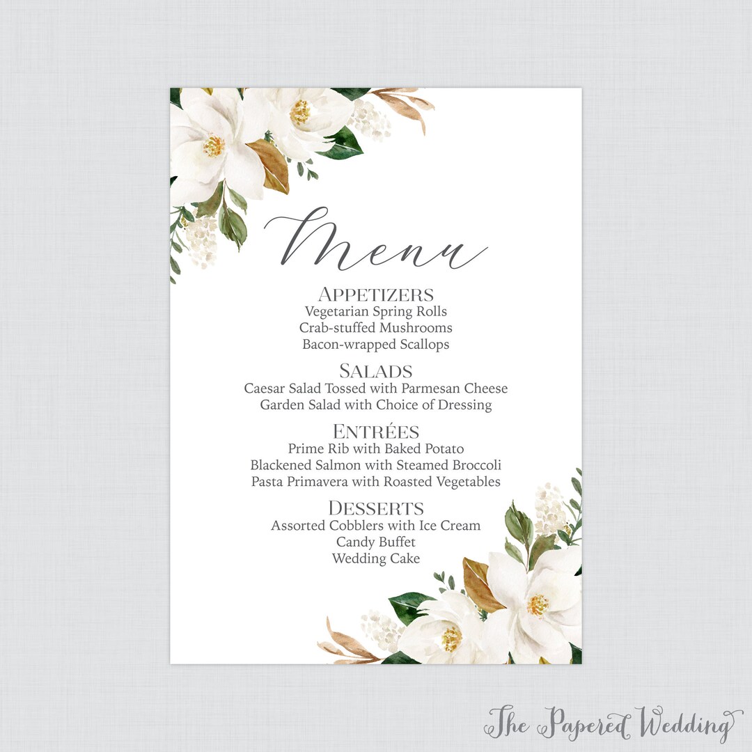 Printable OR Printed Magnolia Wedding Menu Cards - Magnolia Flower ...