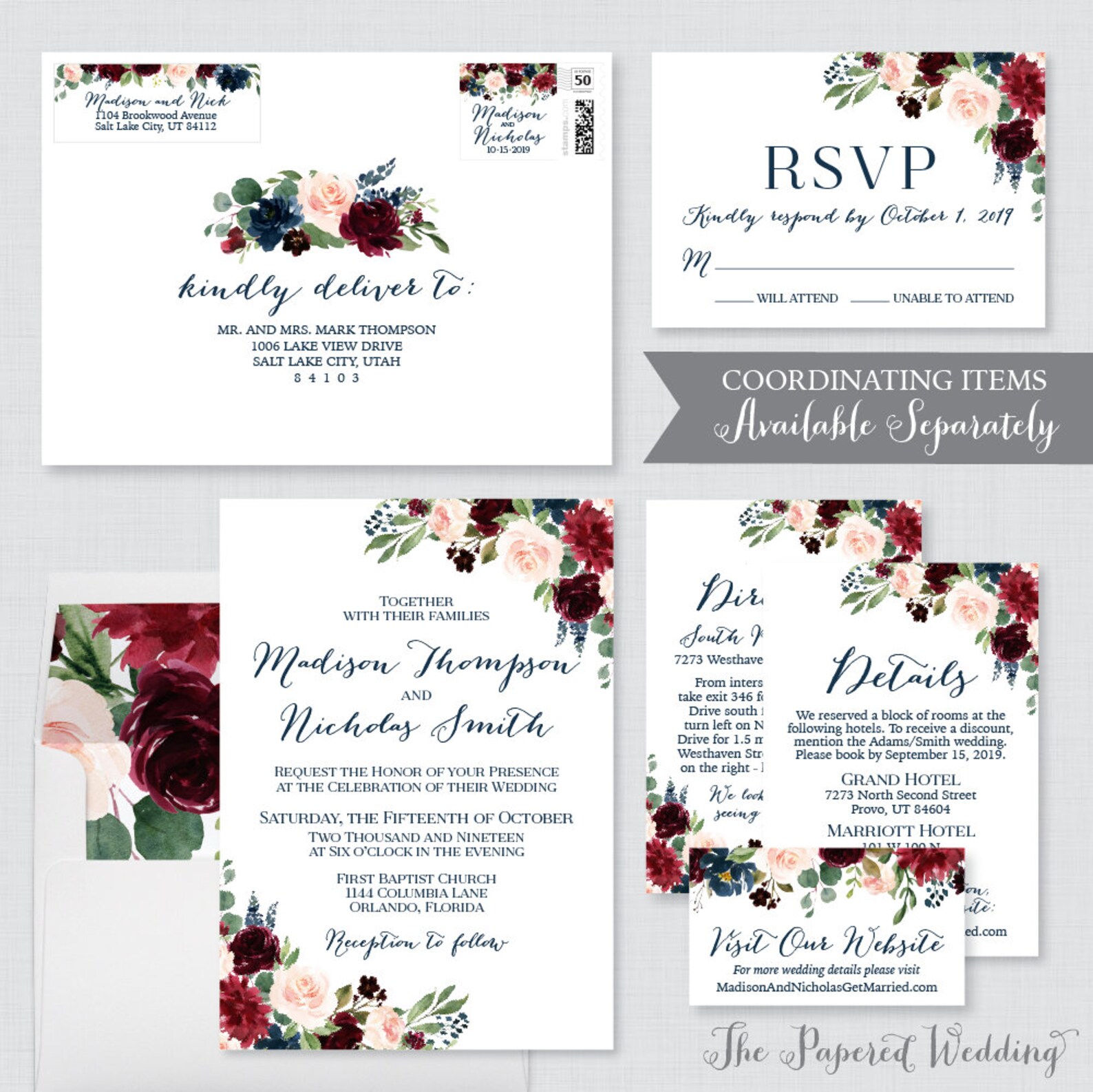 EDITABLE Wedding Envelopes - Printable, Editable Navy and Marsala ...