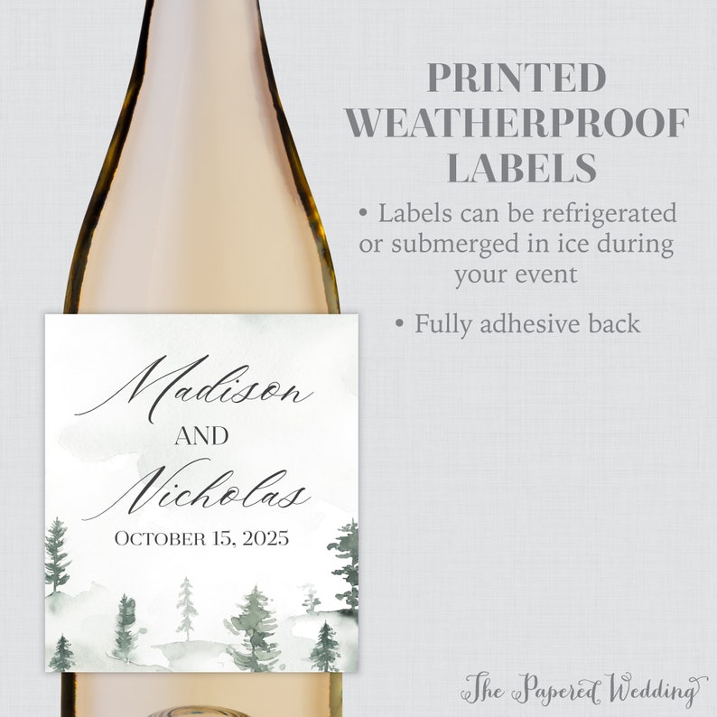 PRINTED Green Tree Wedding Wine Bottle Labels - Watercolor Green Forest ...
