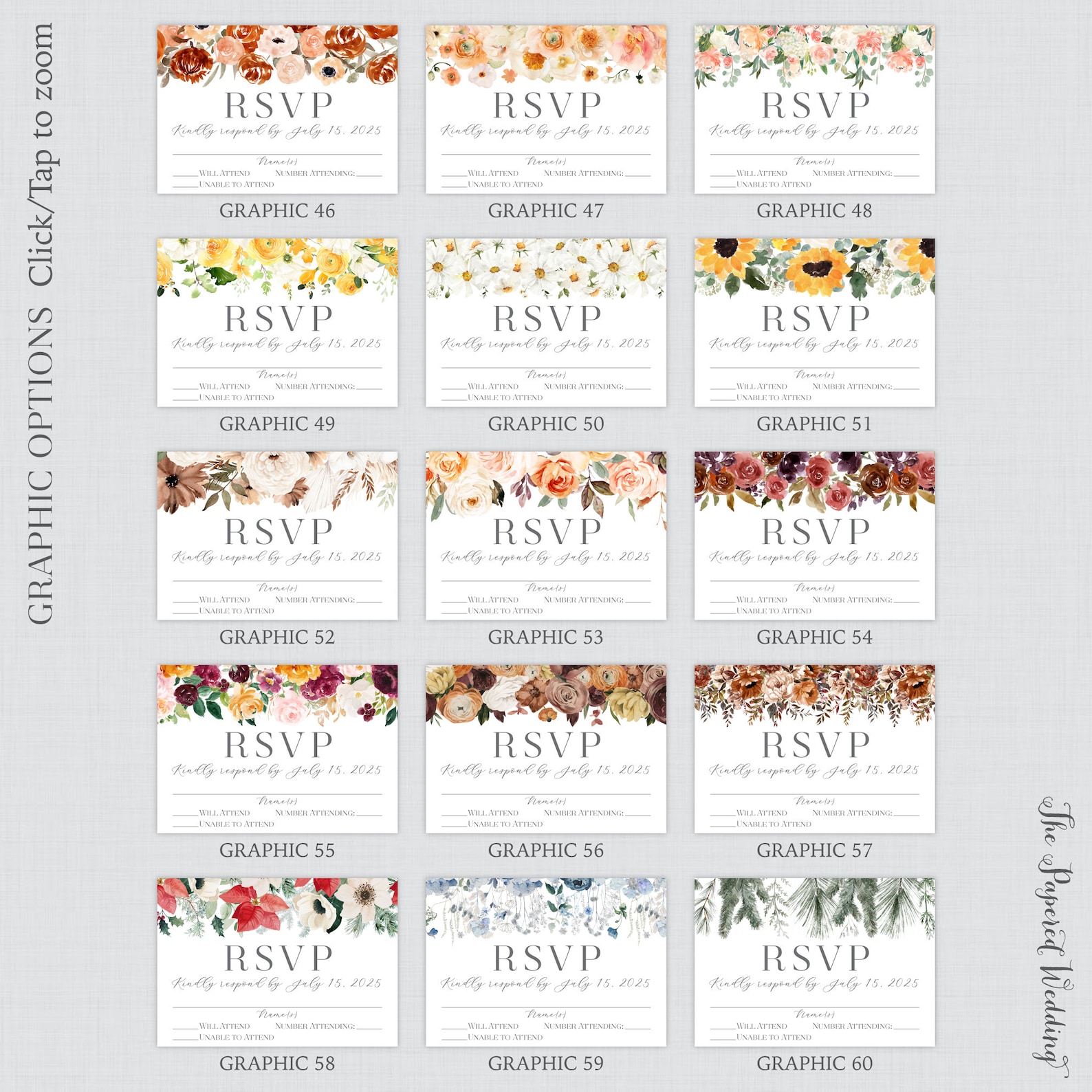 Printable OR Printed RSVP Cards - Choose From 60 Flower Graphics, Font ...
