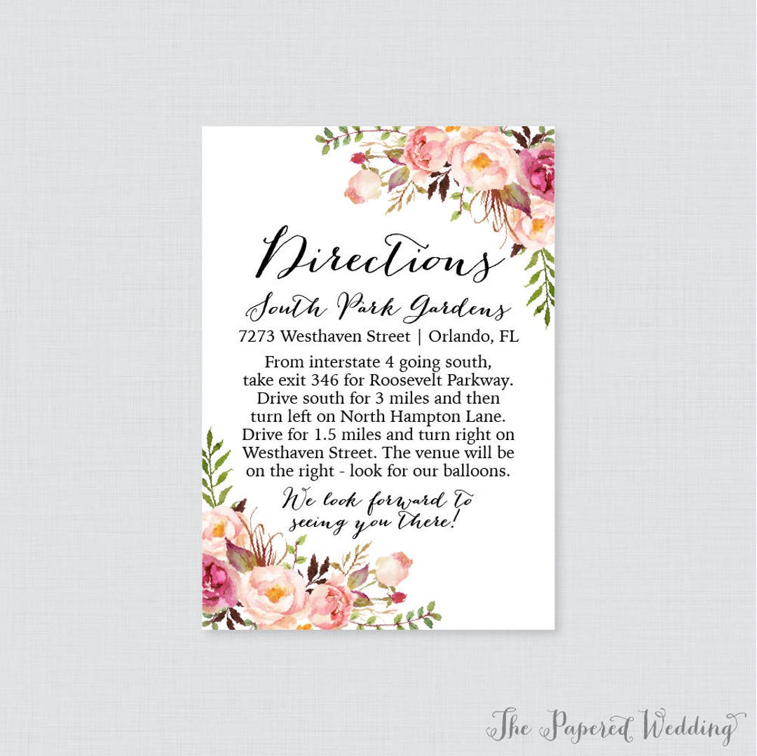 Printable OR Printed Wedding Direction Cards Pink Floral Wedding ...