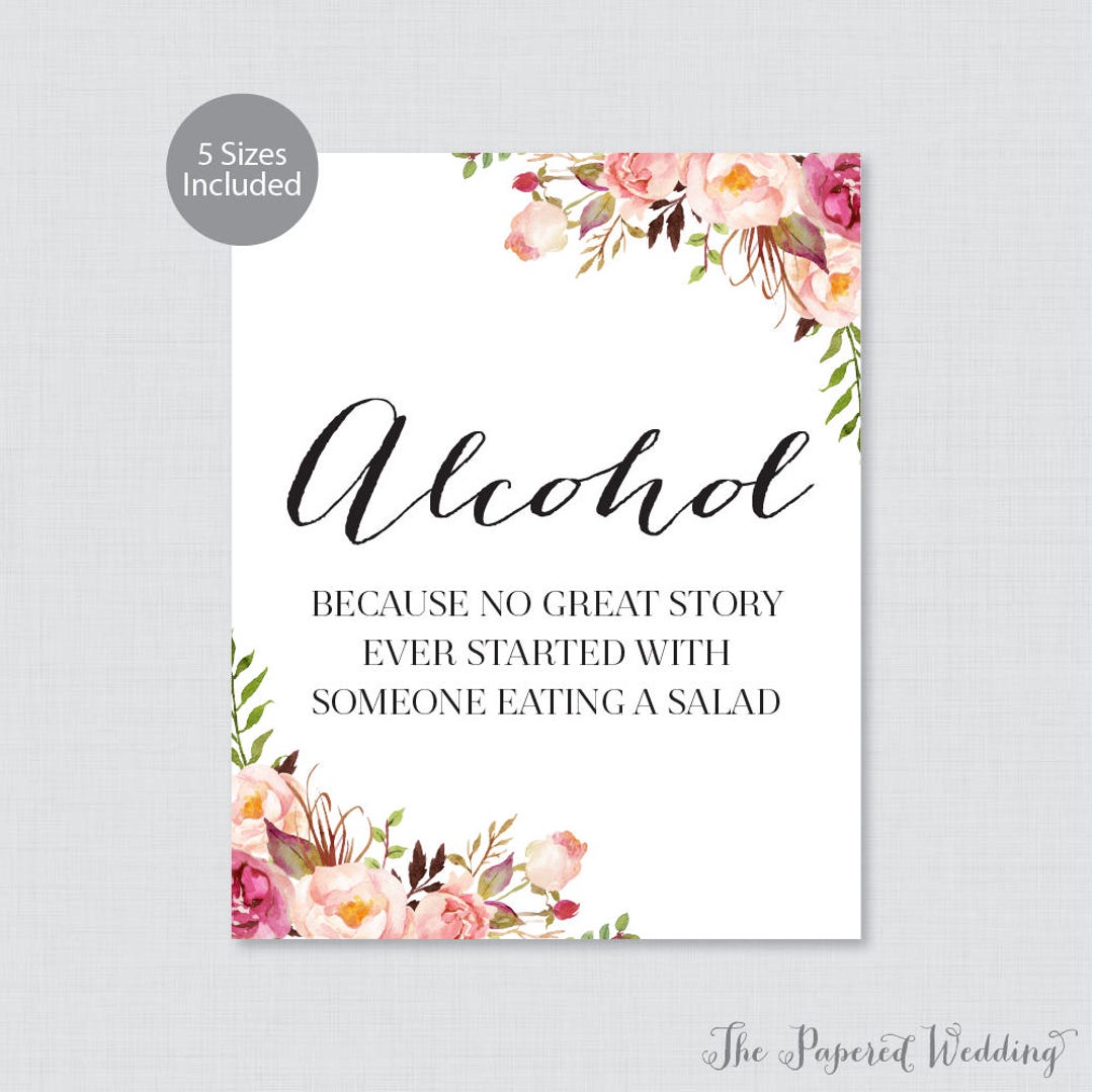 Printable Alcohol Sign - Pink Wedding Alcohol Sign - Rustic Pink Flower ...