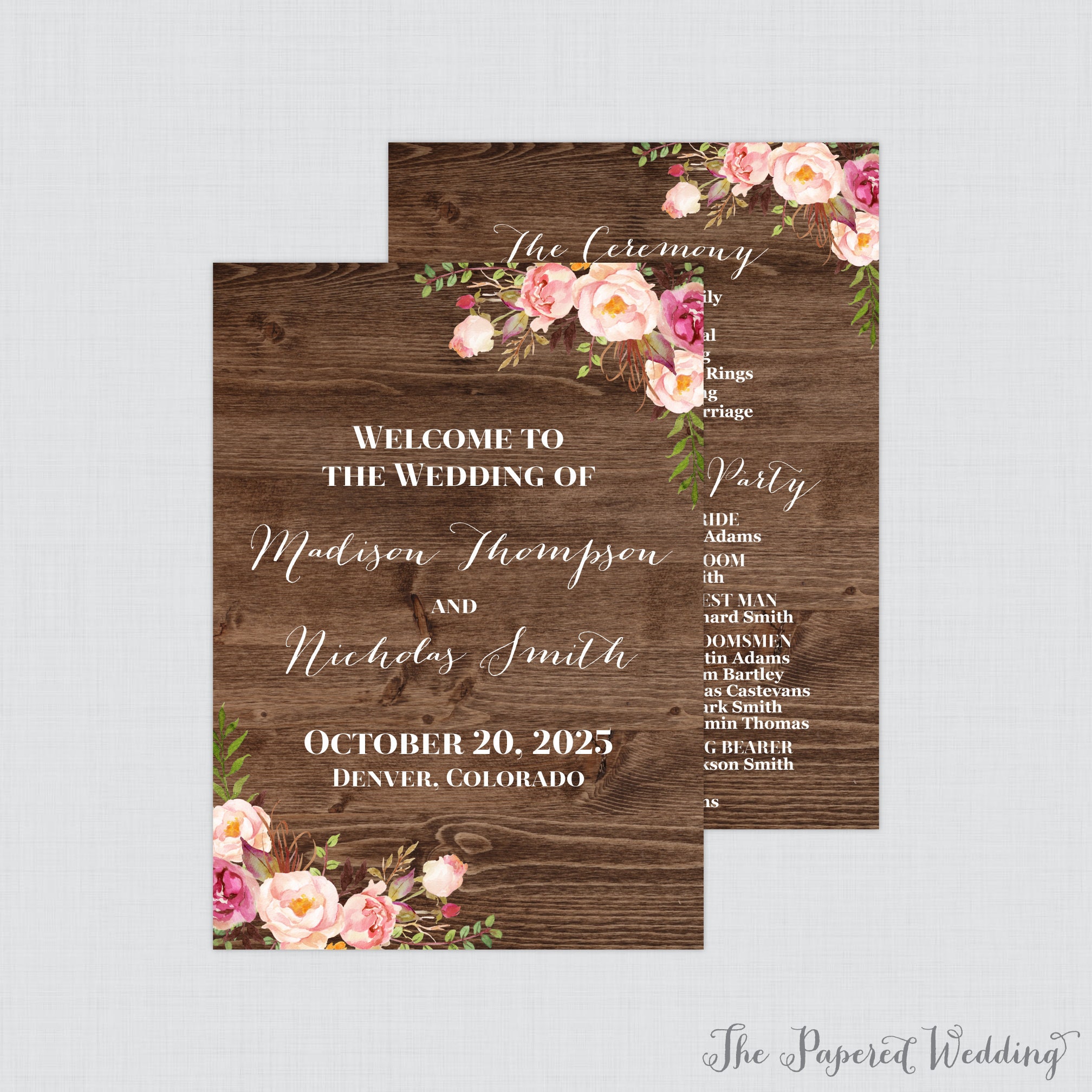 Printable OR Printed Rustic Wedding Programs Wood and Pink - Etsy