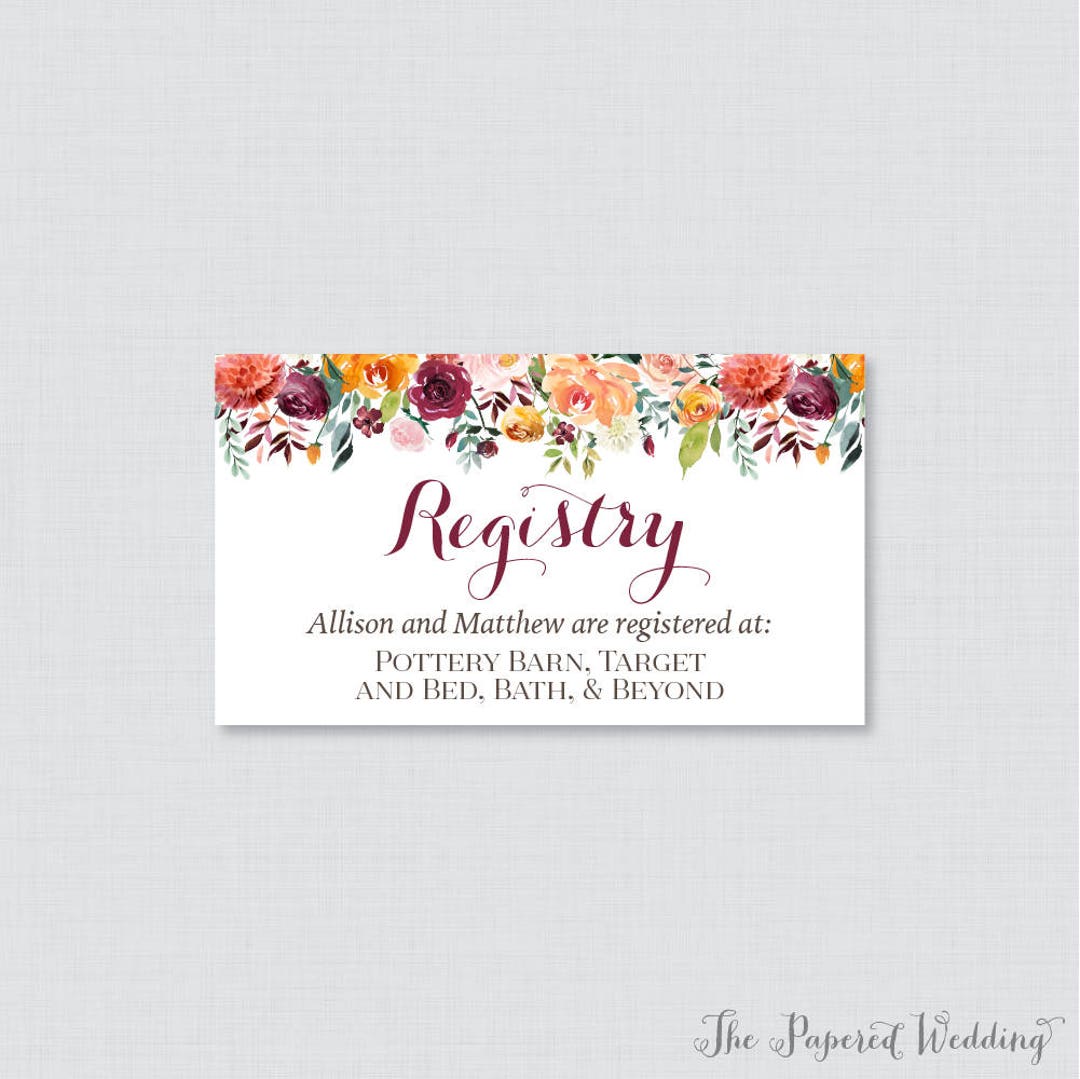 Printable OR Printed Wedding Registry Cards - Fall Floral Registry ...