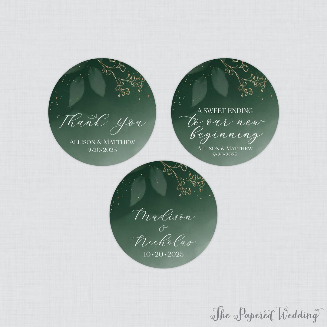 Printable OR Printed Green Watercolor and Gold Wedding Stickers - Dark ...