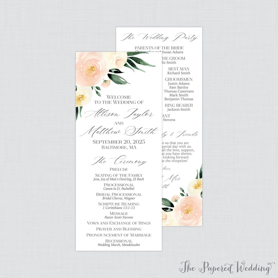Printable OR Printed Ivory and Blush Pink Wedding Programs - Pink ...