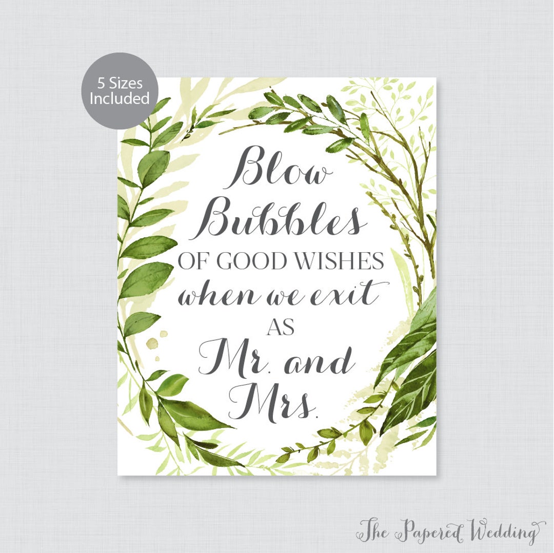 Printable Wedding Bubbles Sign - Green Wreath Bubbles Sign - Watercolor ...