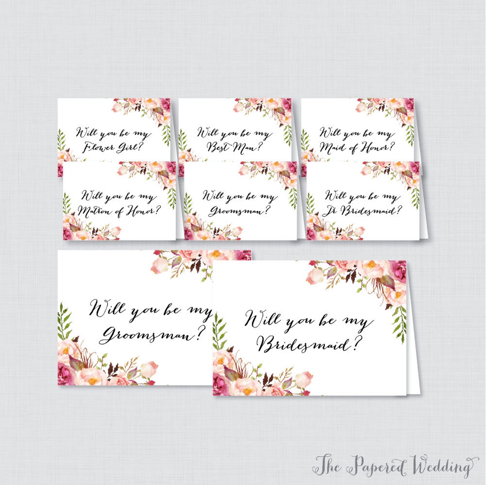 Printable Wedding Party Cards Package Pink Floral Will You - Etsy