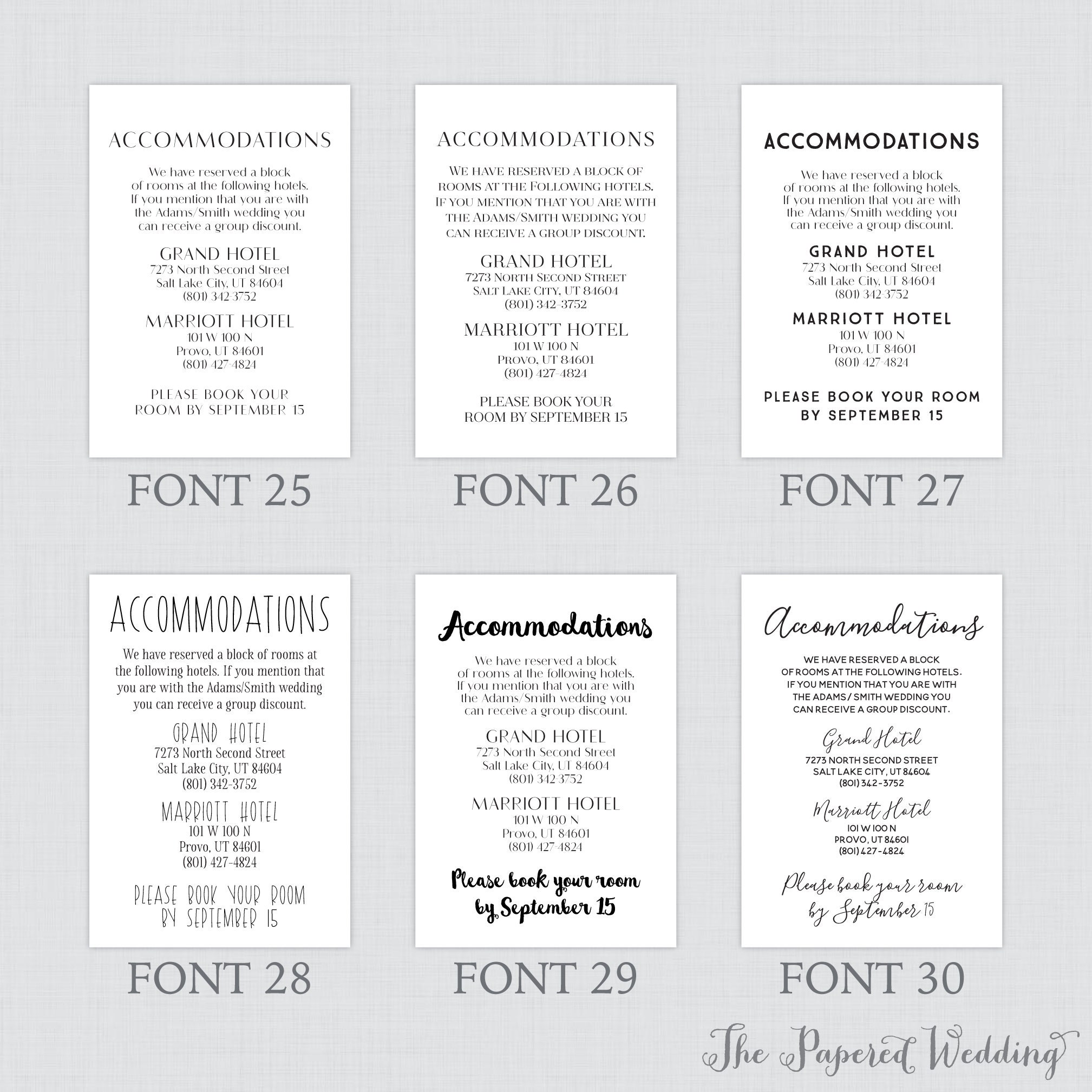 Printable OR Printed Accommodation Inserts With Custom Color and Font ...