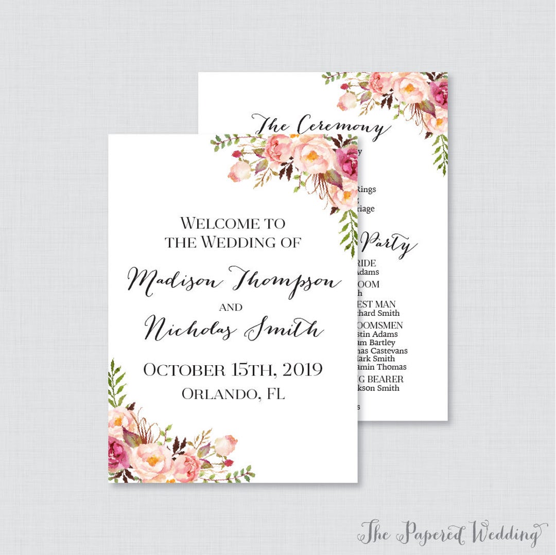Printable OR Printed Wedding Programs - Pink Flower Wedding Ceremony ...
