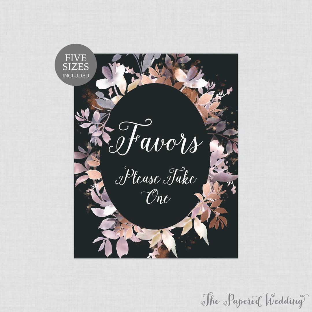 Printable Rose Gold Favors Sign - Black, Rose Gold & Lavender Wreath ...