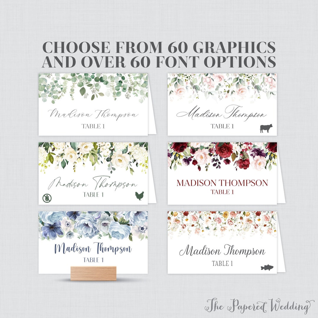Printed Floral Place Cards Choose Your Flower Graphic, Font, and Font ...