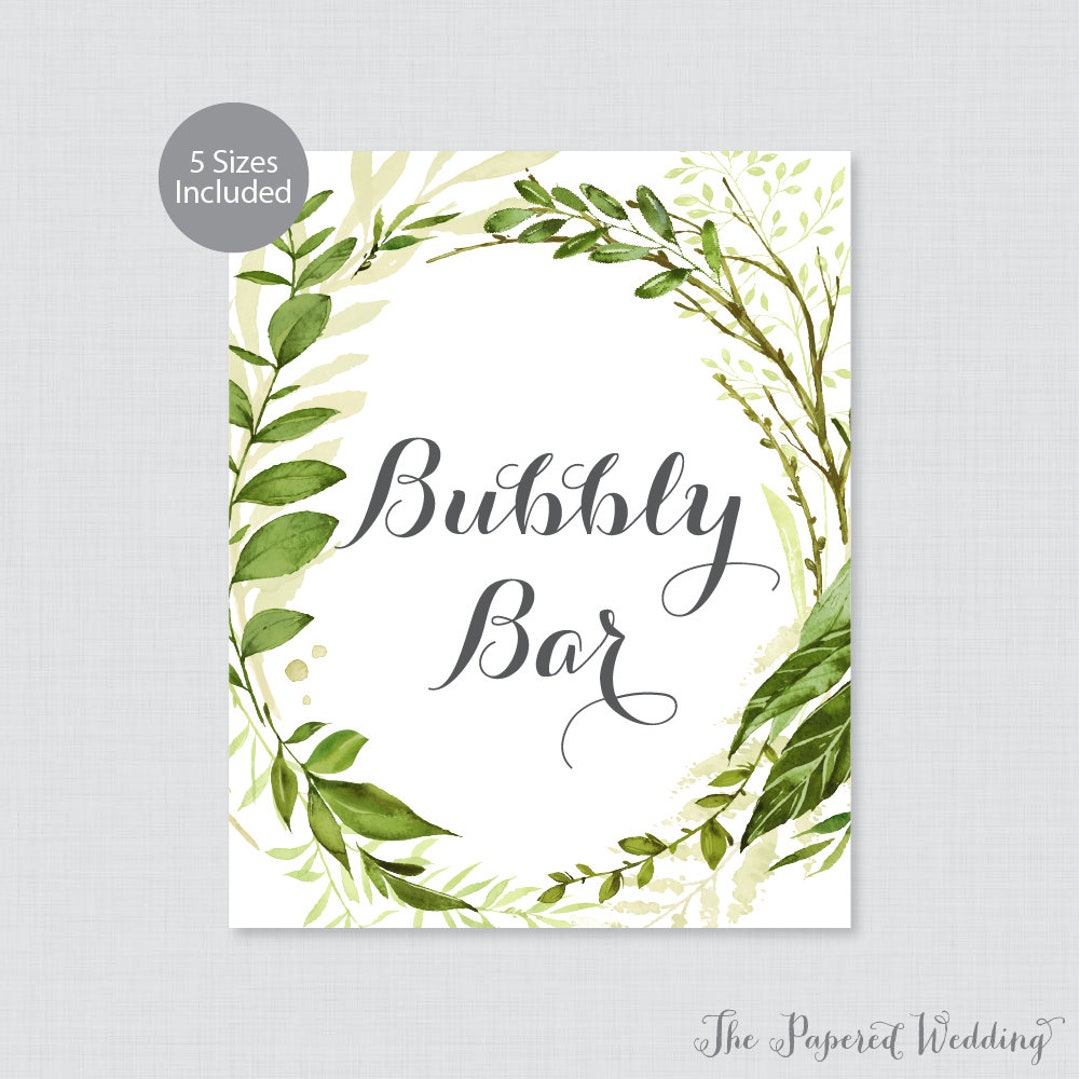 Printable Bubbly Bar Sign - Green Wreath Bubbly Bar Sign, Watercolor ...