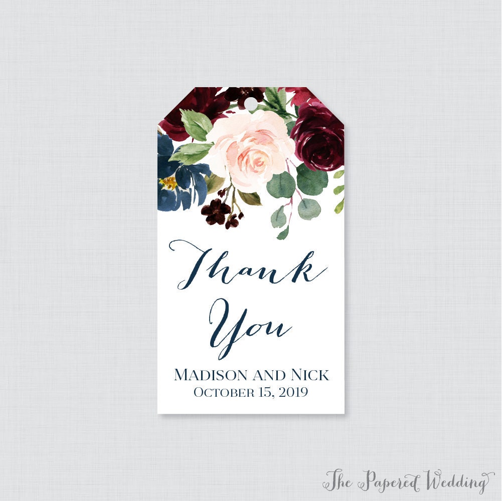 Printable OR Printed Wedding Favor Gift Tags - Navy and Marsala Floral ...