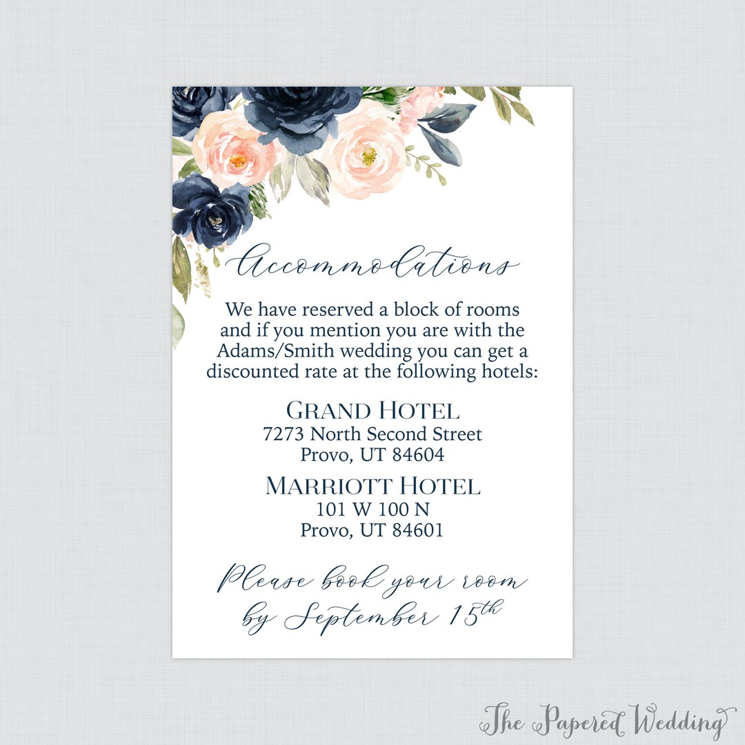 Printable OR Printed Wedding Accommodation Cards - Navy and Pink Flower ...