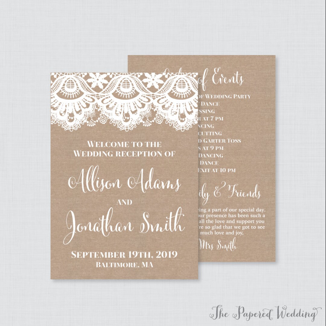 Printable OR Printed Wedding Reception Program - Rustic Burlap and Lace ...