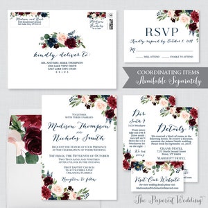Printable OR Printed Wedding Reception Cards - Navy and Marsala Floral ...