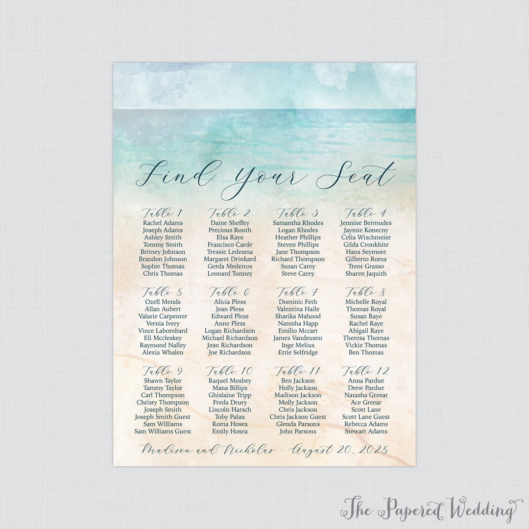 Printable Beach Wedding Seating Chart Watercolor Beach Themed Seating ...