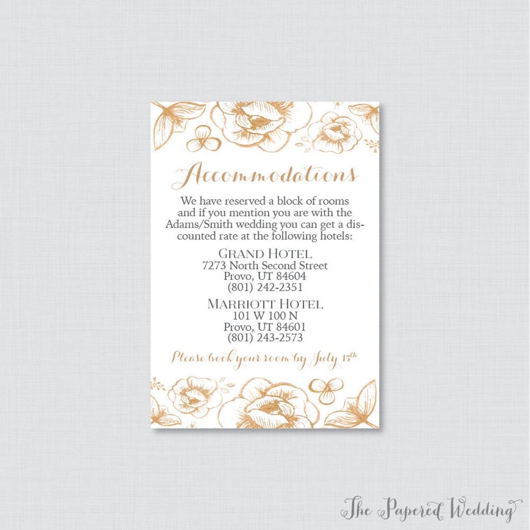 Printable OR Printed Wedding Accommodation Cards Gold Floral Accommodation Inserts Gold Flower ...