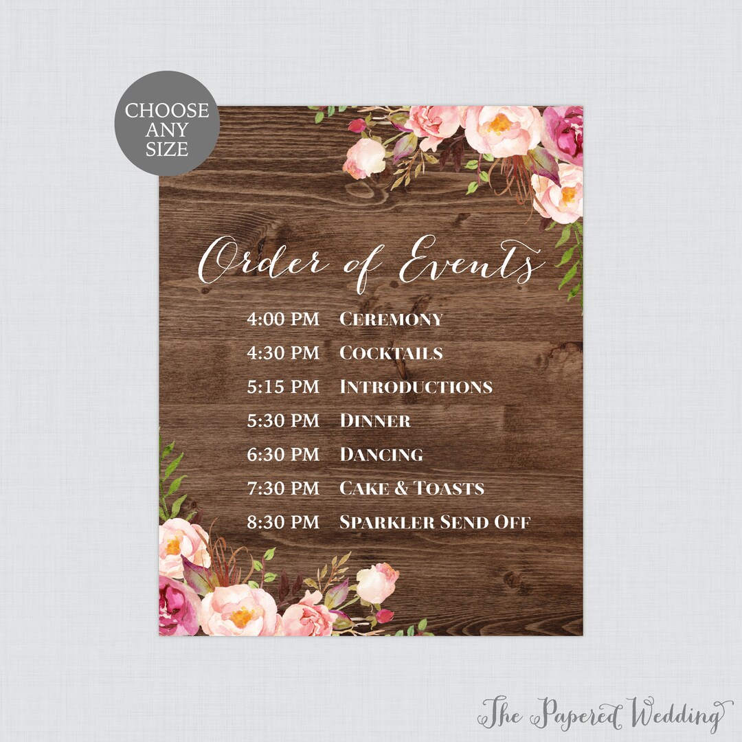 Printable Rustic Order of Events Sign - Pink Flower and Wood Wedding ...