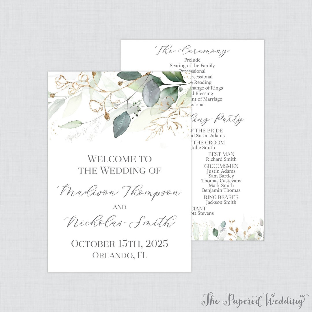 Printable OR Printed Green and Gold Wedding Programs - Green Leaf ...