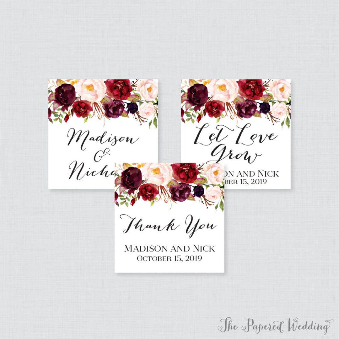 Printable OR Printed Wedding Stickers - Marsala and Pink Floral Square ...