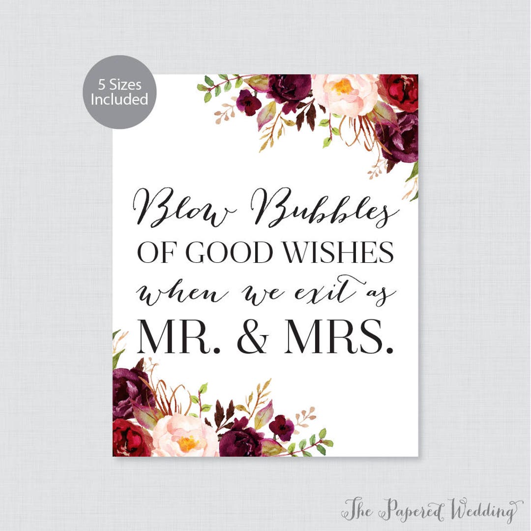 Printable Wedding Bubbles Sign - Marsala Floral Bubbles Sign - Rustic ...