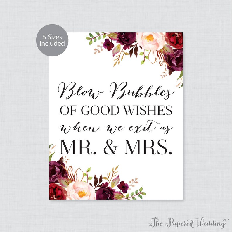 Printable Wedding Bubbles Sign - Marsala Floral Bubbles Sign - Rustic ...