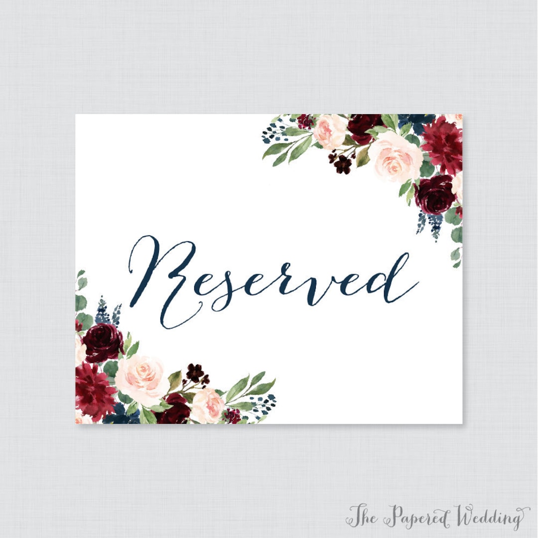 Printable Wedding Reserved Signs - Navy and Marsala Floral Reserved ...