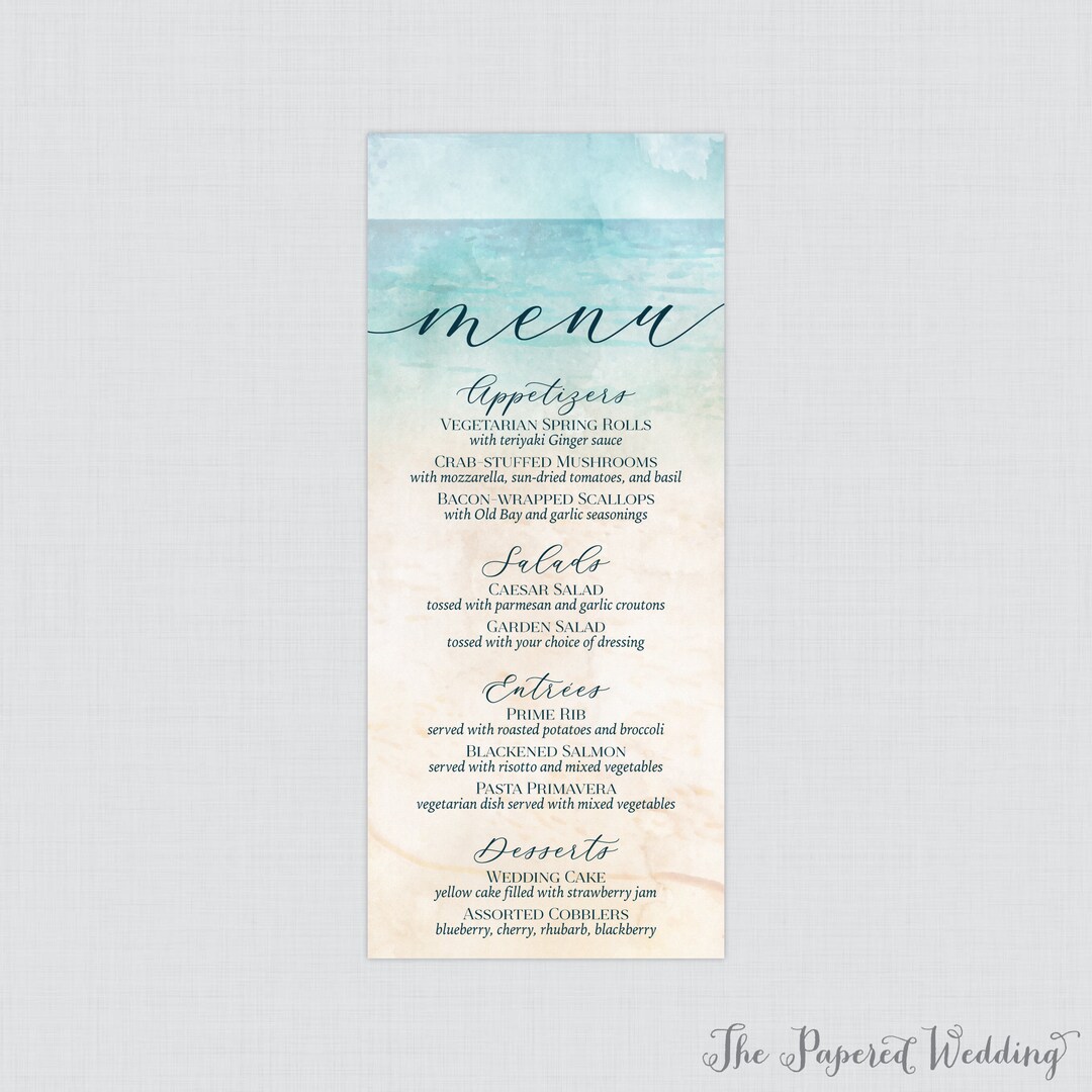 Printable OR Printed Beach Wedding Menu Cards - Watercolor Beach Themed ...